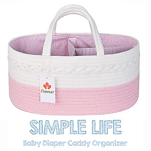 AUNHUIT Baby Diaper Caddy Organizer Nursery Storage Basket Portable Pink Woven Cotton Rope with Removable Inserts Newborn Registry Must Haves Baby Girl Shower Basket Hanging Large Travel Tote Bag