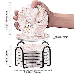 Lahome Pink Coasters for Drinks Absorbent with Holder,Set of 6 Marble Pattern Ceramic Stone Coaster Set with Cork Backing for Mugs Cups Wooden Coffee Table Protection,4 Inches