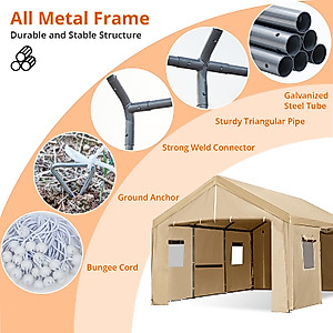 ACONEE Carport 10×20 FT Heavy Duty Car Canopy with Ventilated Windows, Removable Sidewalls & Zipper Doors, Portable Garage Boat Party Tent, Reinforced Triangular Beam, All-Season Tarp for SUV, Truck