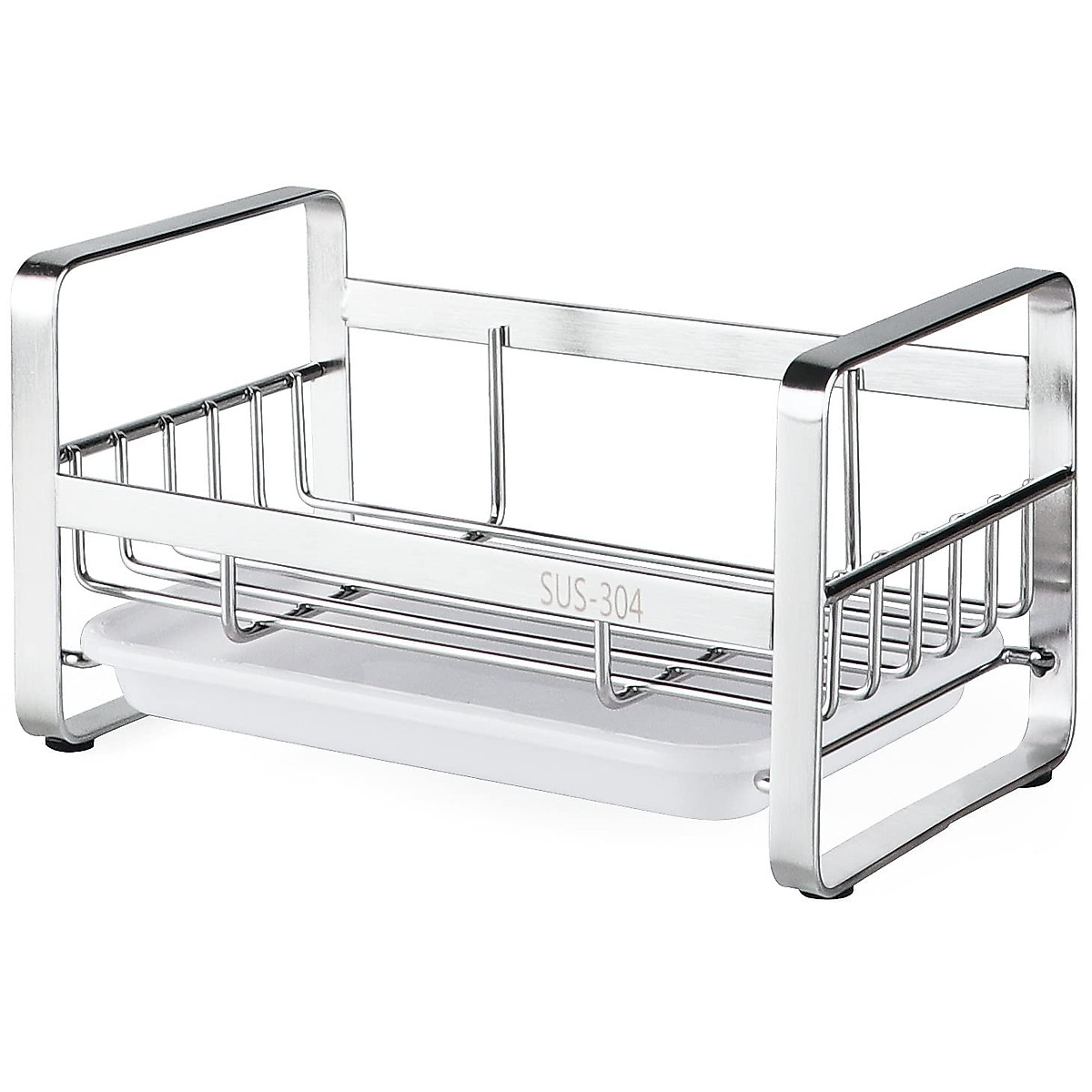 HULISEN Kitchen Sink Sponge Holder, 304 Stainless Steel Kitchen Soap Dispenser Caddy Organizer, Countertop Soap Dish Rack Drainer with Removable Drain Tray, not Including Dispenser and Brush