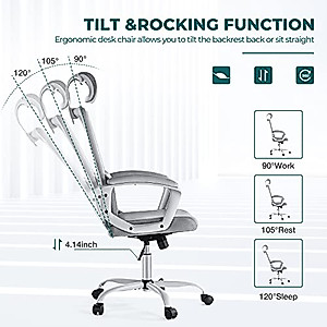 SMUG Ergonomic Mesh High Back Computer Adjustable Headrest,Lumbar Support, Tilt Function,Swivel Rolling, Soft PU Armrest Task Home Office Desk Chairs, Light Grey
