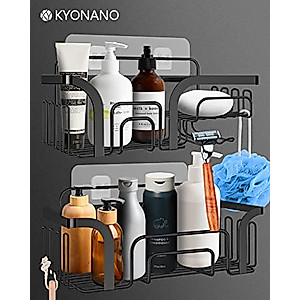 Adhesive Shower Caddy -2 Pack, Shower Organizer Shower Shelves with 18 Hooks and Soap Dish, Rustproof 304 Stainless Steel Shower Shelf Shower Shelf for Inside Shower, No Drilling for Bathroom, Kitchen