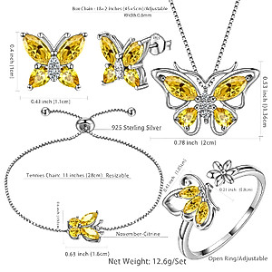 Aurora Tears Butterfly Jewelry Set,925 Sterling Silver Butterflies November-Citrine Birthstone Pendant Necklace/Earrings/Rings/Bracelets for Wedding Gift