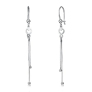Wellingsale Ladies 14k White Gold Polished Heart Dangle Hanging Drop Earrings (55 x 5 mm)