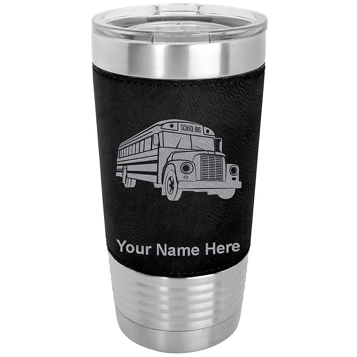 LaserGram 20oz Vacuum Insulated Tumbler Mug, School Bus, Personalized Engraving Included (Faux Leather, Black)