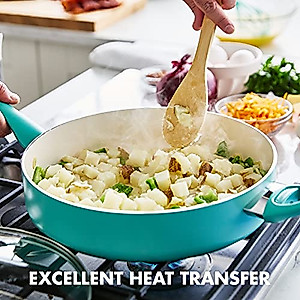 GreenPan Rio Healthy Ceramic Nonstick 5QT Saute Pan Jumbo Cooker with Helper Handle and Lid, PFAS-Free, Dishwasher Safe, Turquoise