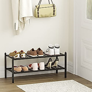 Dranixly 2 Tier Shoe Rack, Bamboo Stackable Shoe Shelf Storage Organizer for Entryway, Hallway, Closet and Living Room (Black)