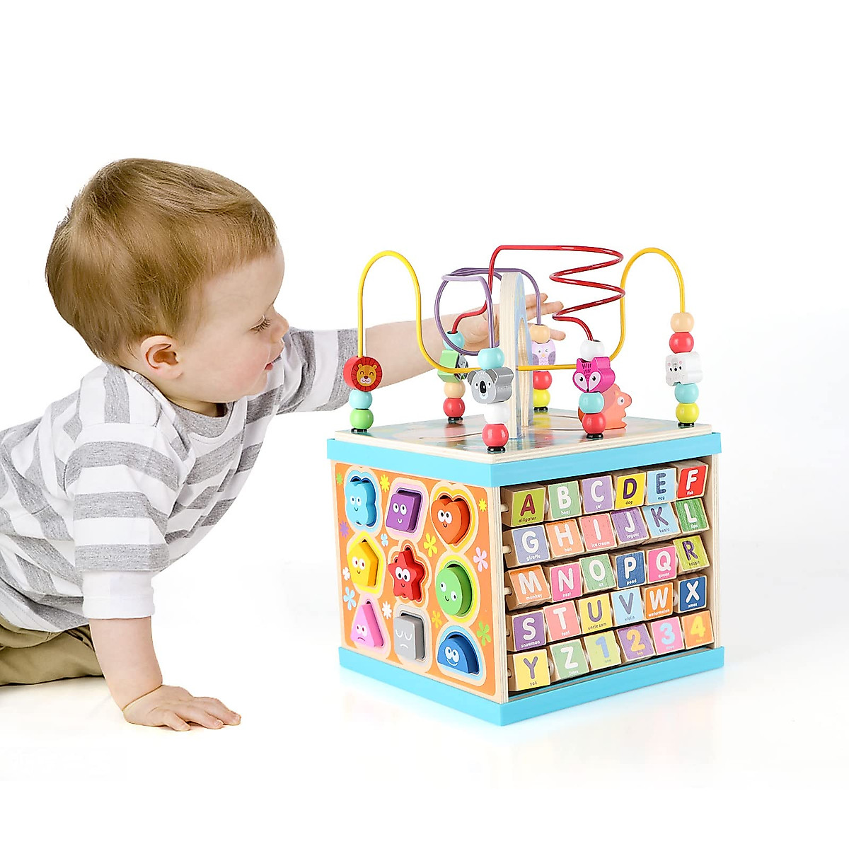 Garlictoys Wooden Activity Cube for 1 2 3 Year Old Kids,5 in 1 Multipurpose ABC-123 Abacus Bead Maze Shape Sorter|Early Educational Toy for Toddlers-Toys for 1 Year Old Boys Girls