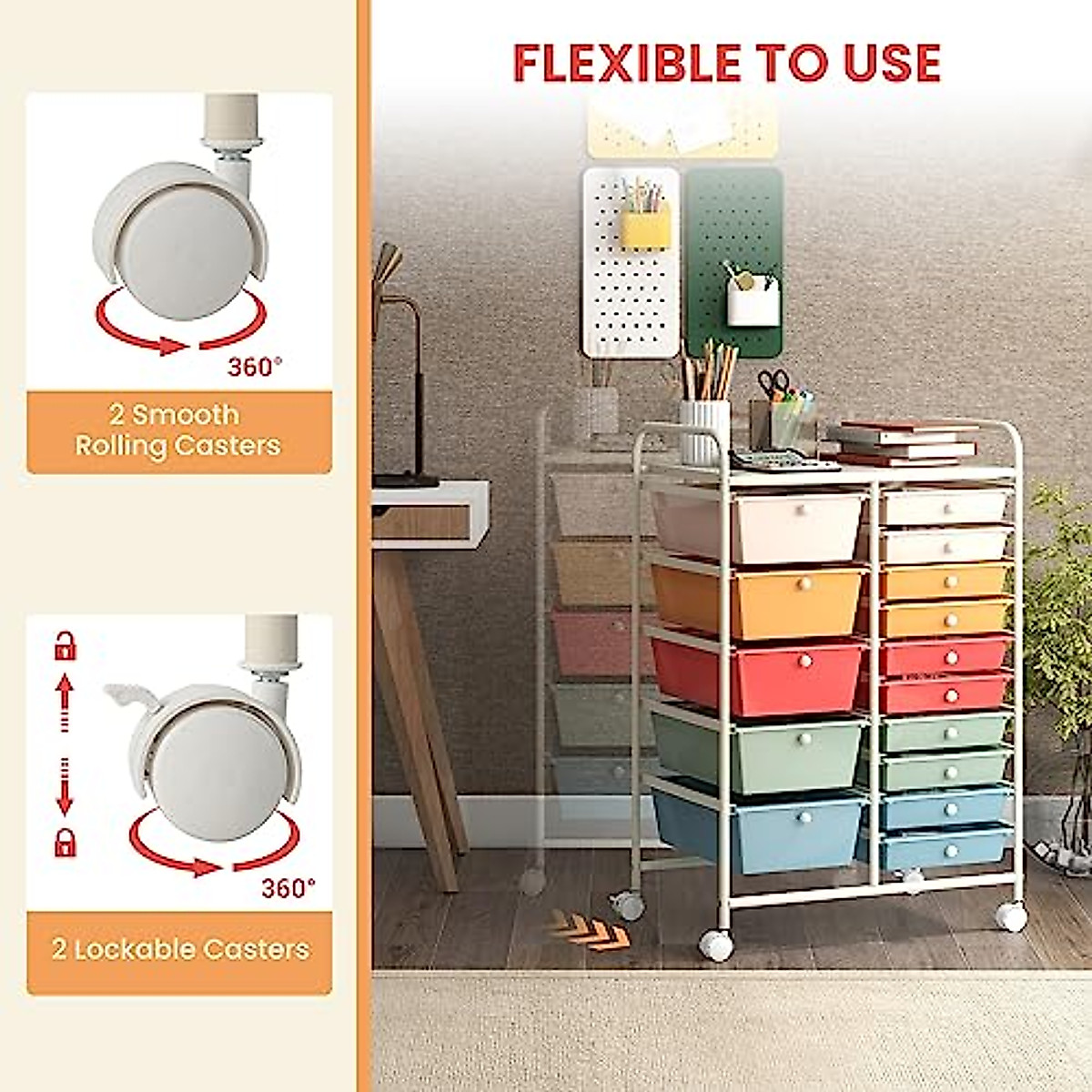15 Drawer Rolling Storage Cart, Mobile Utility Cart with Lockable Wheels, Drawers, Multipurpose Organizer Cart for Home, Office, School, Mixed Color