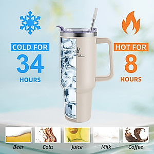40 oz Tumbler with Handle and Straw Lid, 100% Leak-proof Travel Coffee Mug, Stainless Steel Insulated Cup for Hot and Cold Beverages, Keeps Cold for 34Hrs or Hot for 10Hrs, Dishwasher Safe (Cream)