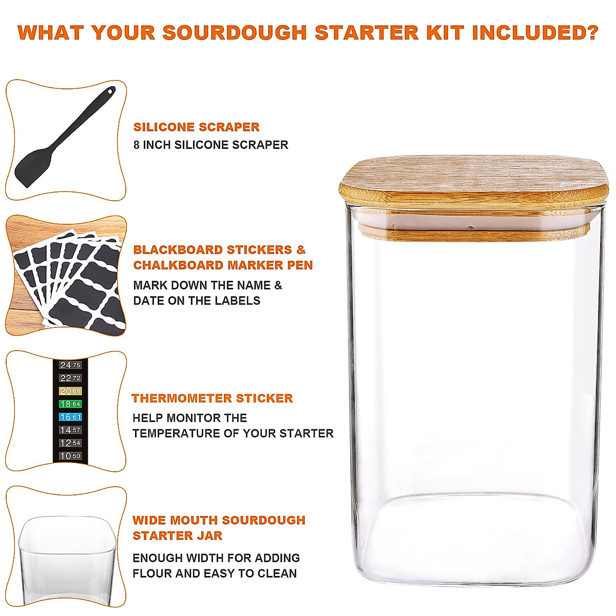 Uprony Sourdough Starter Jar Kit 38 Oz Wide Mouth Sourdough Container with Blackboard Stickers, Marker Pen, Silicone Scraper for Bread Baking Sour Dough Jar