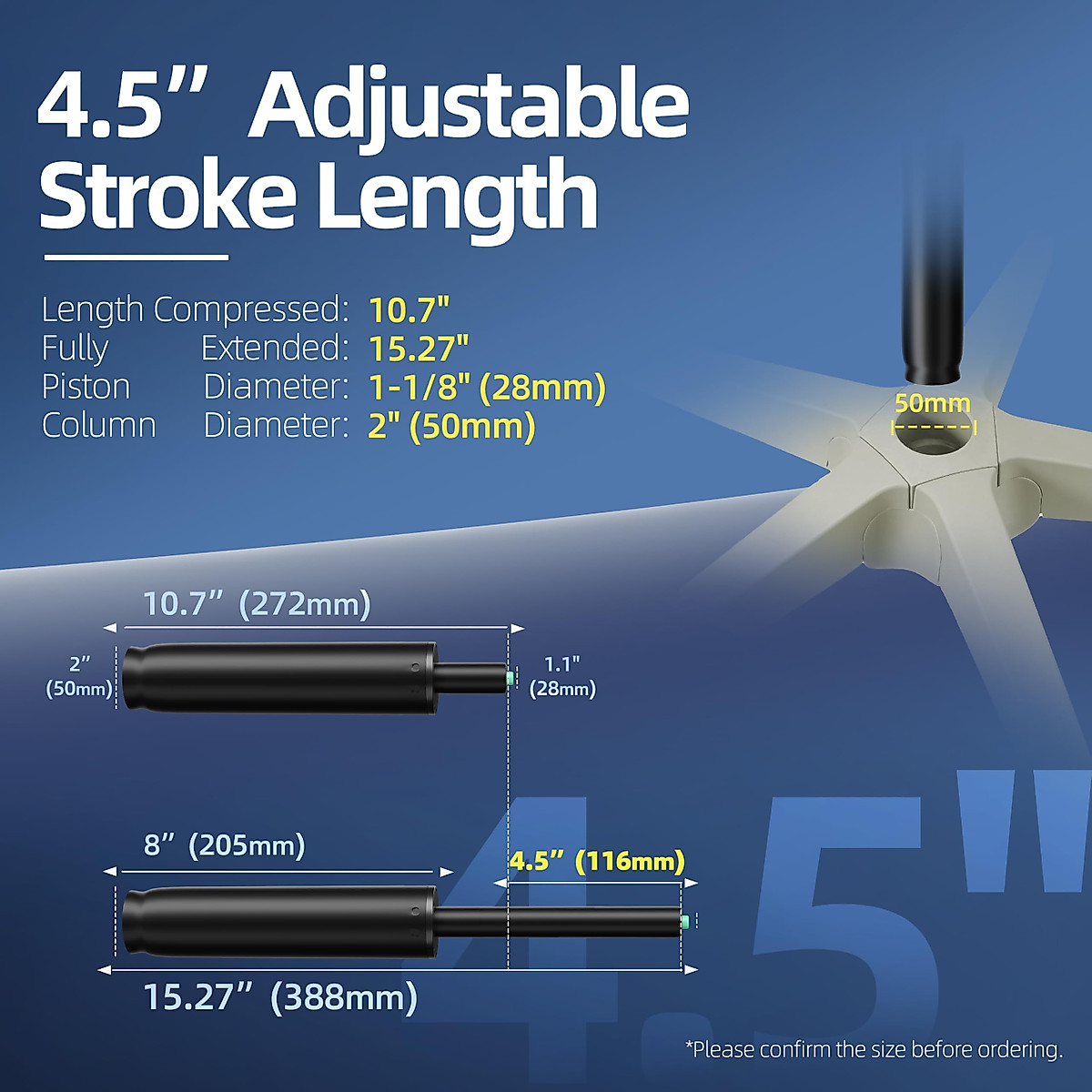 10 Inches to 15 Inches Office Chair Gas Lift Cylinder Replacement, 4.5" Stroke, Hydraulic Pneumatic Shock Piston, Heavy Duty 1000lbs, Universal Fit for Most Office Chair, Class 4, Black