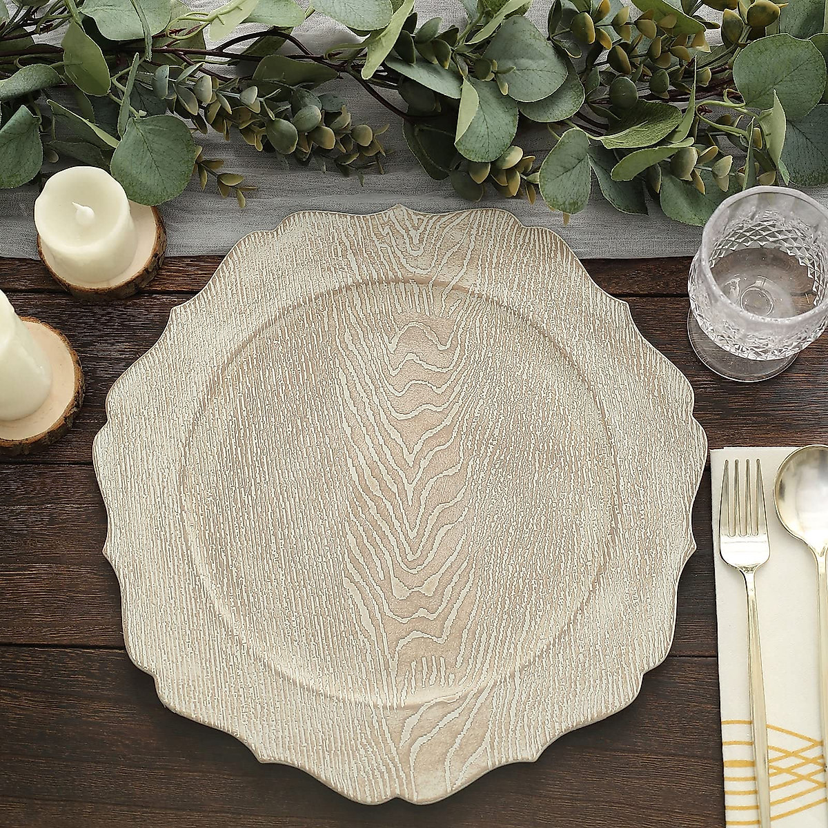 Efavormart 6 Pack | 13" Rustic White Wooden Textured Acrylic Charger Plates With Scalloped Rim