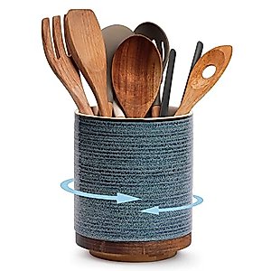 DOWAN Utensil Holder, 360° Rotating Extra Large Cooking Utensil Holder, 7.2" Kitchen Utensil Holder for Countertop, Utensil Crock for Farmhouse Kitchen Decor, Ceramic Stable Utensil Caddy, Blue