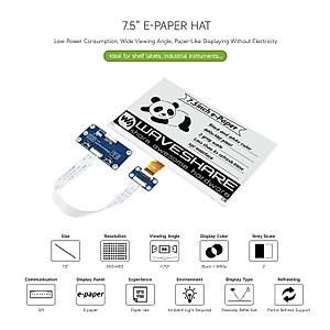 Waveshare 7.5inch E-Ink Display HAT Compatible with Raspberry Pi 5/4B/3B/Zero/Zero W/Zero 2W/Pico/Pico W/Pico WH, 800×480 Resolution SPI Interface