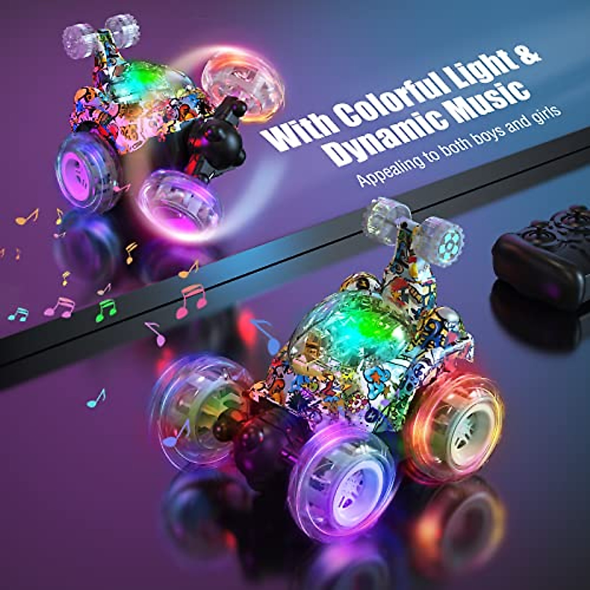 Kizeefun RC Stunt Car Invincible 360°Rolling Twister with Colorful Lights & Music Switch, Rechargeable Remote Control Car for Boys and Girls