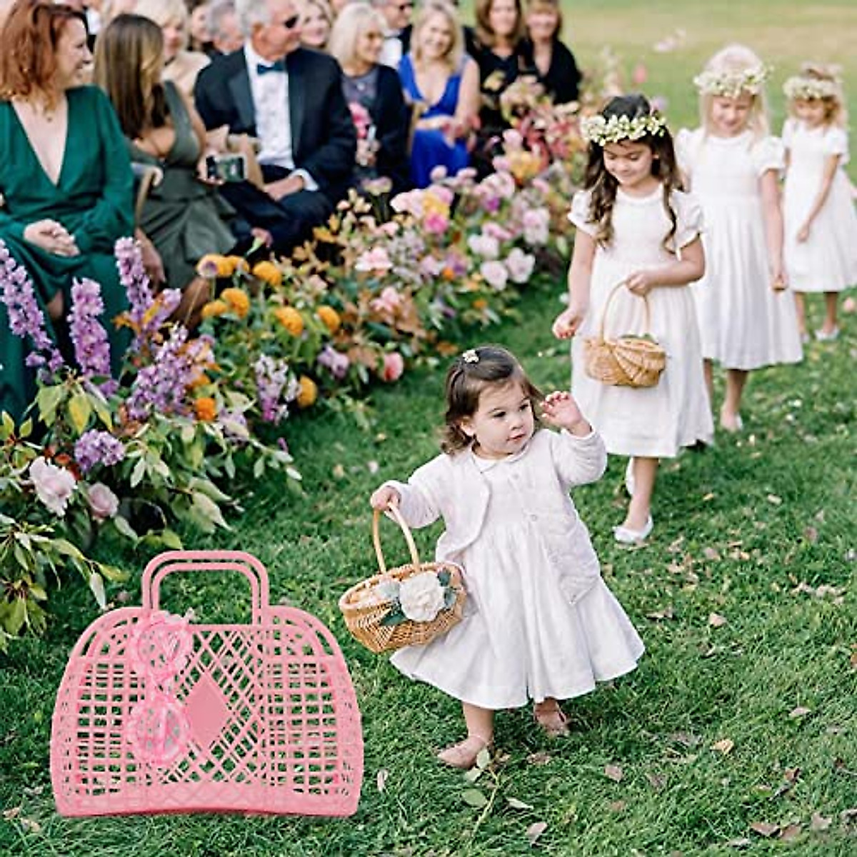 JBB Girls Jelly Bag Plastic Gift Basket Boys Beach Tote Bag Toddler Purse Kids Easter Basket with Round Flower Sunglasses Green