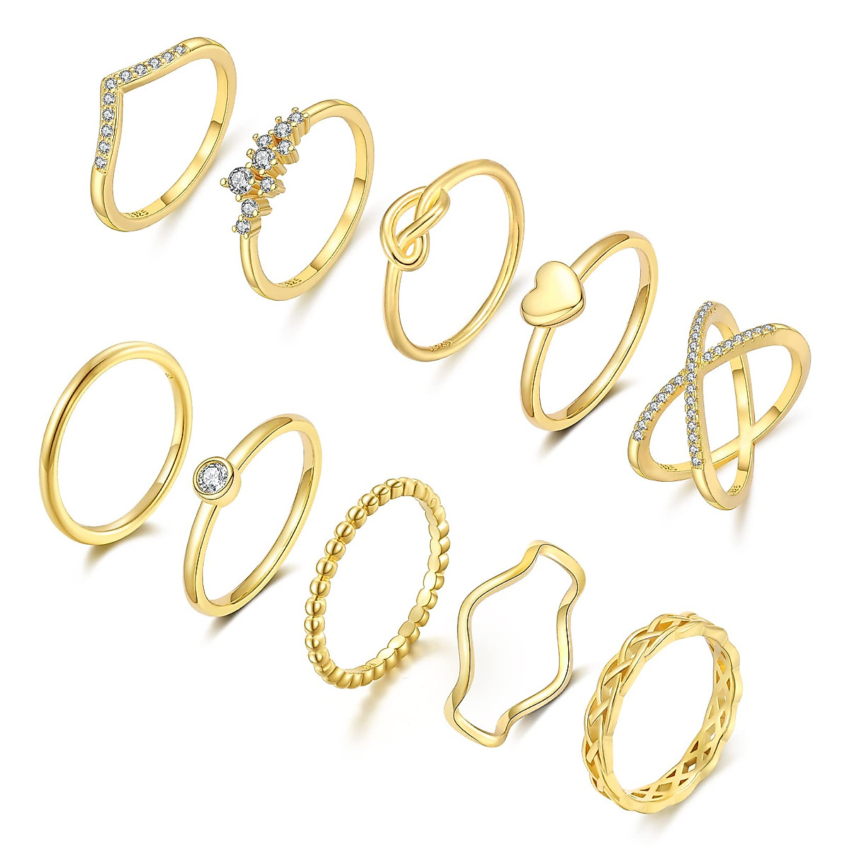 OPFIV 10Pcs 14K Gold Plated Stacking Rings for Women Teen Cubic Zirconia Wave Knot Love Heart Stackable Thin Gold Ring Plain Statement Band Promise Eternity Bands Ring Comfort Fit Size 6-9