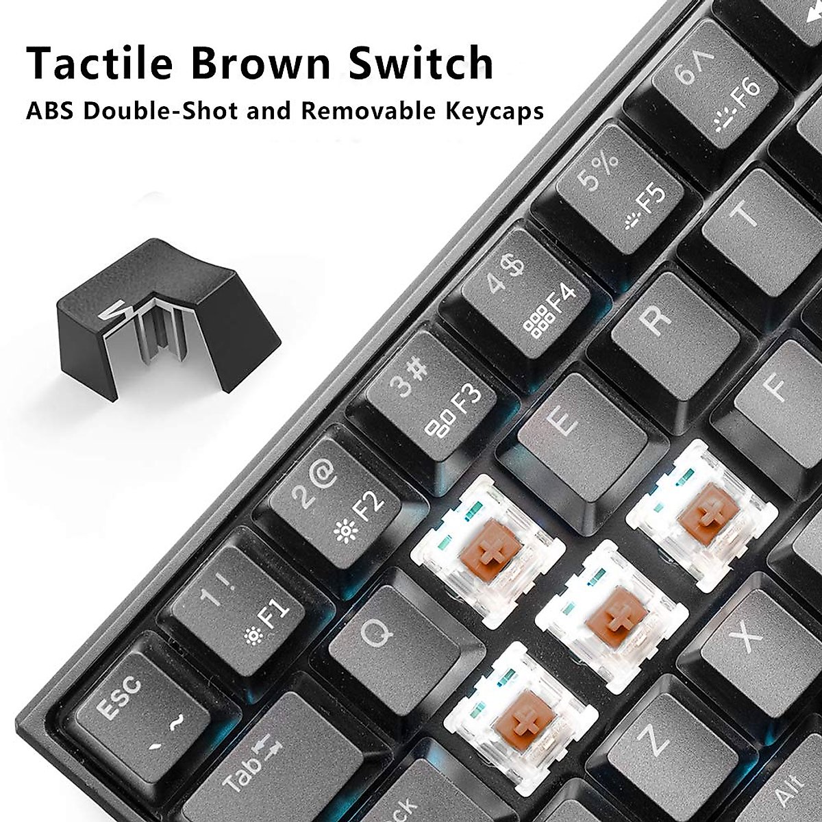 VELOCIFIRE Wireless Bluetooth Mechanical Keyboard, M1 TKL61WS 61-Key 60% Tactile Brown Switch Mini Portable Mechanical Keyboard with Ice Blue Backlit, Compatible with Mac OS and Windows OS(Black)