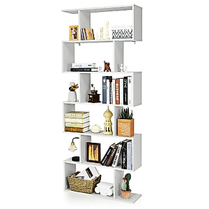 IFANNY 6 Tier S Shaped Bookshelf, Wooden Open Bookcase w/Anti-Tipping Device, Display Shelf Storage Organizer for Home, Office, Living Room, 31.5 x 9 x 75 inch