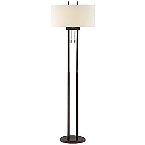 Franklin Iron Works Roscoe Modern Standing Floor Lamp 62" Tall Oil Rubbed Bronze Brown Twin Poles White Fabric Hardback Oval Shade Decor for Living Room Reading House Bedroom Office