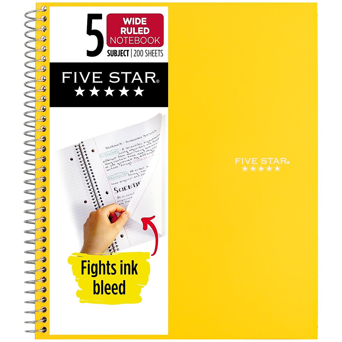 Five Star Spiral Notebook, 5-Subject, Wide Ruled Paper, 200 Sheets, 10-1/2" x 8", Color Will Vary (05206)