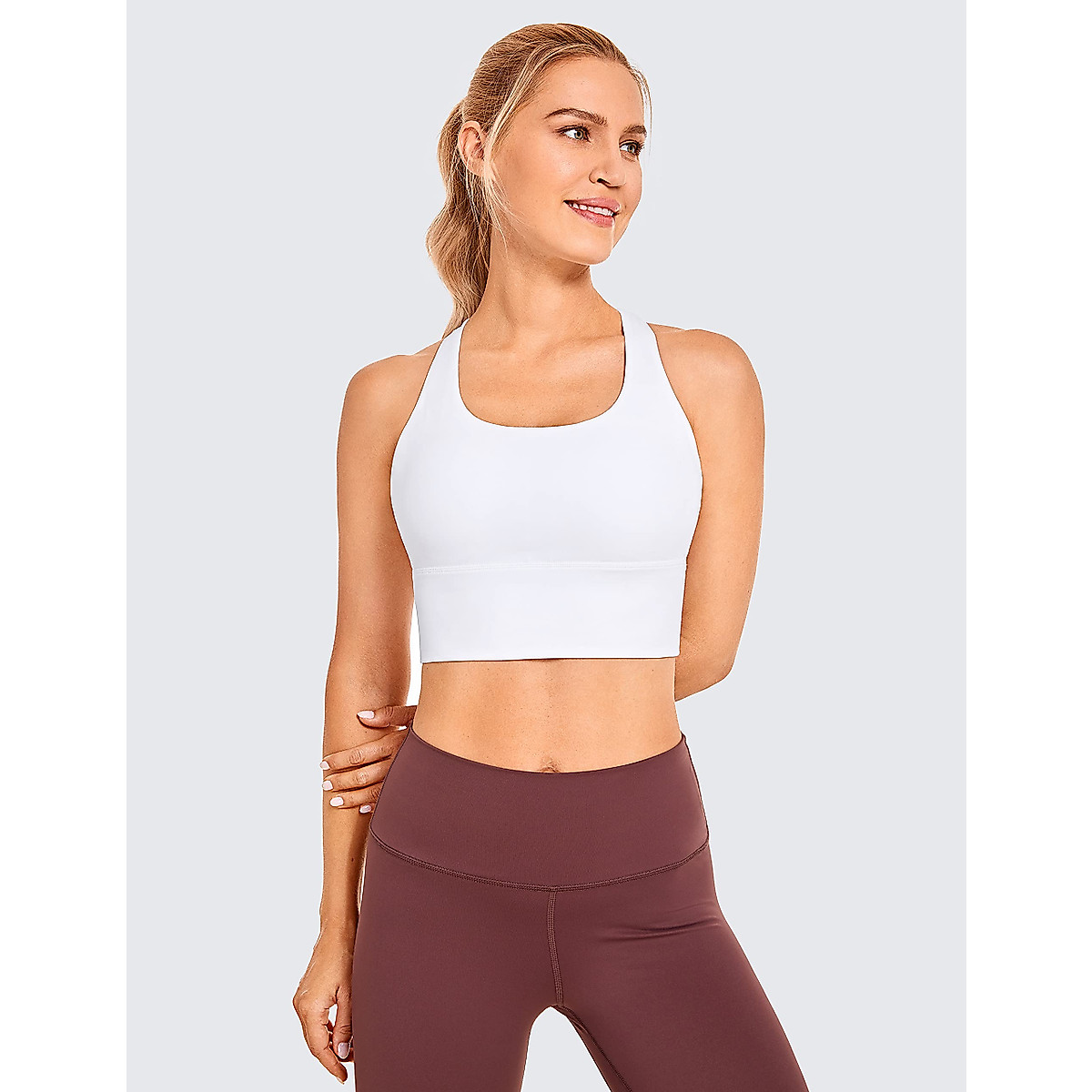 CRZ YOGA Strappy Longline Sports Bras for Women - Wirefree Padded Criss Cross Yoga Cropped Tank Tops White Medium