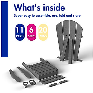 BRIOPAWS Folding Adirondack Chair with Adjustable Backrest & Ottoman, Wood Texture All-Weather HDPE Outdoor Chairs w/Cup Holders & Retractable Footrest for Poolside, Fire Pit, Campfire, Deck, Grey