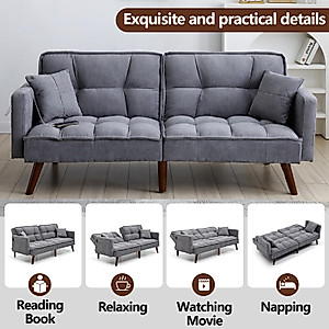 Alyncasa Folding Futon Sofa Bed, Chenille Fabric Sleeper Couch Recliner with USB Charging Port, Storage Pouch, Adjustable Angle backrest for Living Room, Bedroom, Apartment (Dark Gray)