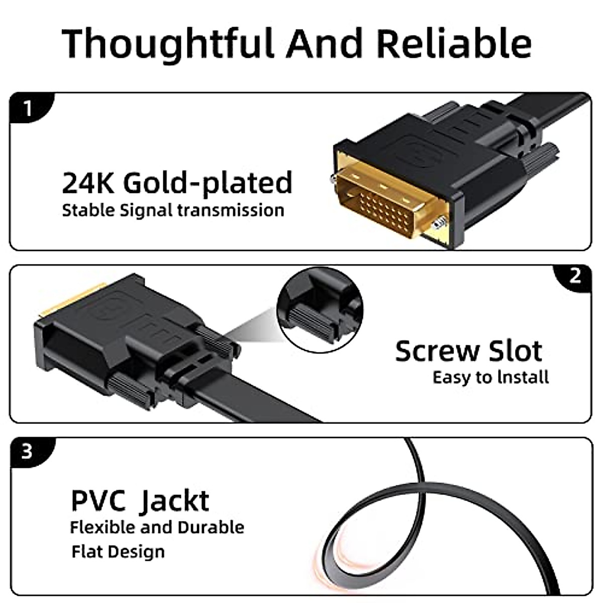 SROMGEE DVI Cable 6Ft, DVI to DVI Flat Design Dual Link Cable Male to Male Computer Monitor Cord, DVI-D Connector PC TV Laptop Display Video Cable (6FT, Black)…