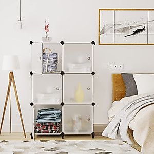 AWTATOS Storage Cube Organizer with Doors, Stackable Closet Shelf for Bedroom, Clothes Shelving Rack, DIY Square 6 Cubes Bookcase, Plastic Space Saver for Home, Living Room, Office, Translucent White