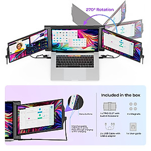 Mobile Pixels New Trio Portable Monitor, 13.3 '' 1080P FHD, Triple Monitor for Laptop, Plug and Play, Built-in Kickstand, Optional Magnets, Support Wins/Mac/Android/Switch, Work with 13-14.5” Laptops