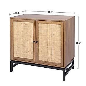 Storage Cabinet with Rattan Doors,Rattan Sideboard Buffet Cabinet with 2-Tier Shelf 3 Adjustable Holes,Kitchen Cupboard Console Table with Iron Bracket up to 99Lbs for Dining Room,Living Room(Beige)