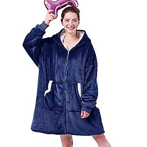 JOYWOO Wearable Blanket Hoodie, Oversized Hooded Blanket for Adult, Birthday Gifts for Women Men, Cozy Fuzzy Sherpa Sweatshirt Blanket with Giant Pocket and Zipper, Navy Blue