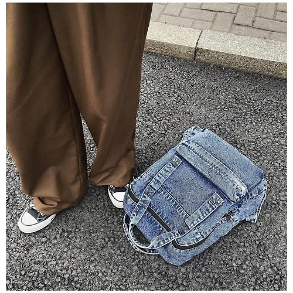 NUFR Cute Backpack Denim Stone Washed Vintage Kawaii Teen Street Wear Outfits (Blue)