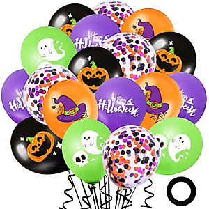 Halloween Balloons Hocus Pocus Balloons, 60pcs Black Orange Purple Green Printed Balloons with Halloween Confetti Balloons for Halloween Theme Party Birthday Party Haunted House Magic Decoration……