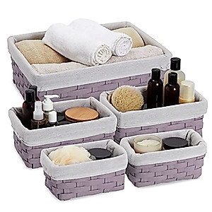 5 Piece Set Woven Nesting Storage Baskets, Decorative Wicker Bins for Organizing, Lavender (3 Sizes)