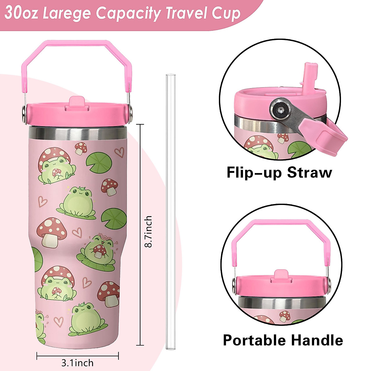 Queen Hero 30 oz Frog Tumbler with Handle, Large Insulated Tumbler with Flip & Straw Coffee Mug Cup Stainless Steel Gifts for Women Men Youth