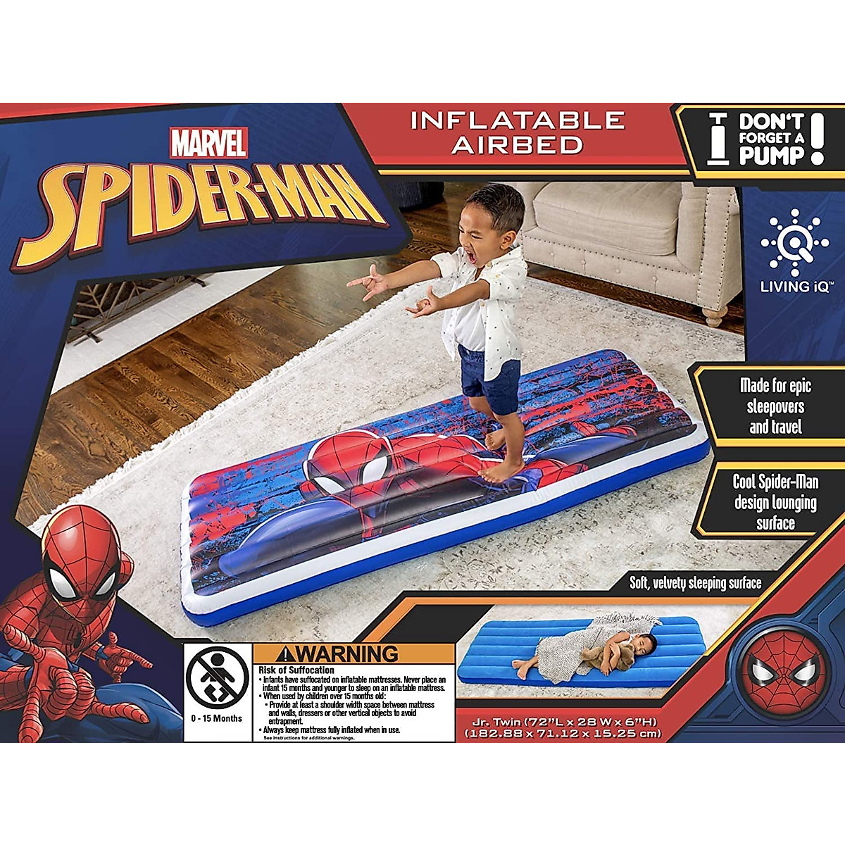 Living iQ Jr Twin-Size Kids Inflatable Air Bed, Blow-Up Mattress with Disney Marvel Spider-Man Theme, Waterproof & Puncture Resistant Vinyl, Lightweight & Portable for Travel, Hotel, Camp & Sleepover