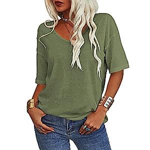 Danedvi Women Fashion V-Neck Half Sleeves Oversized T Shirt Solid Casual Loose Basic Tops Army Green