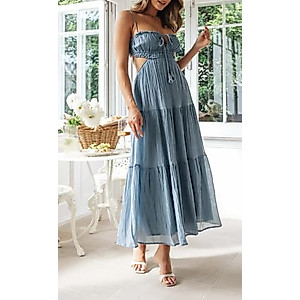 Women Y2k Bodycon Long Dress Spaghetti Strap Low Cut Dress Sexy Backless High Split Maxi Dress Clubwear Z-Blue