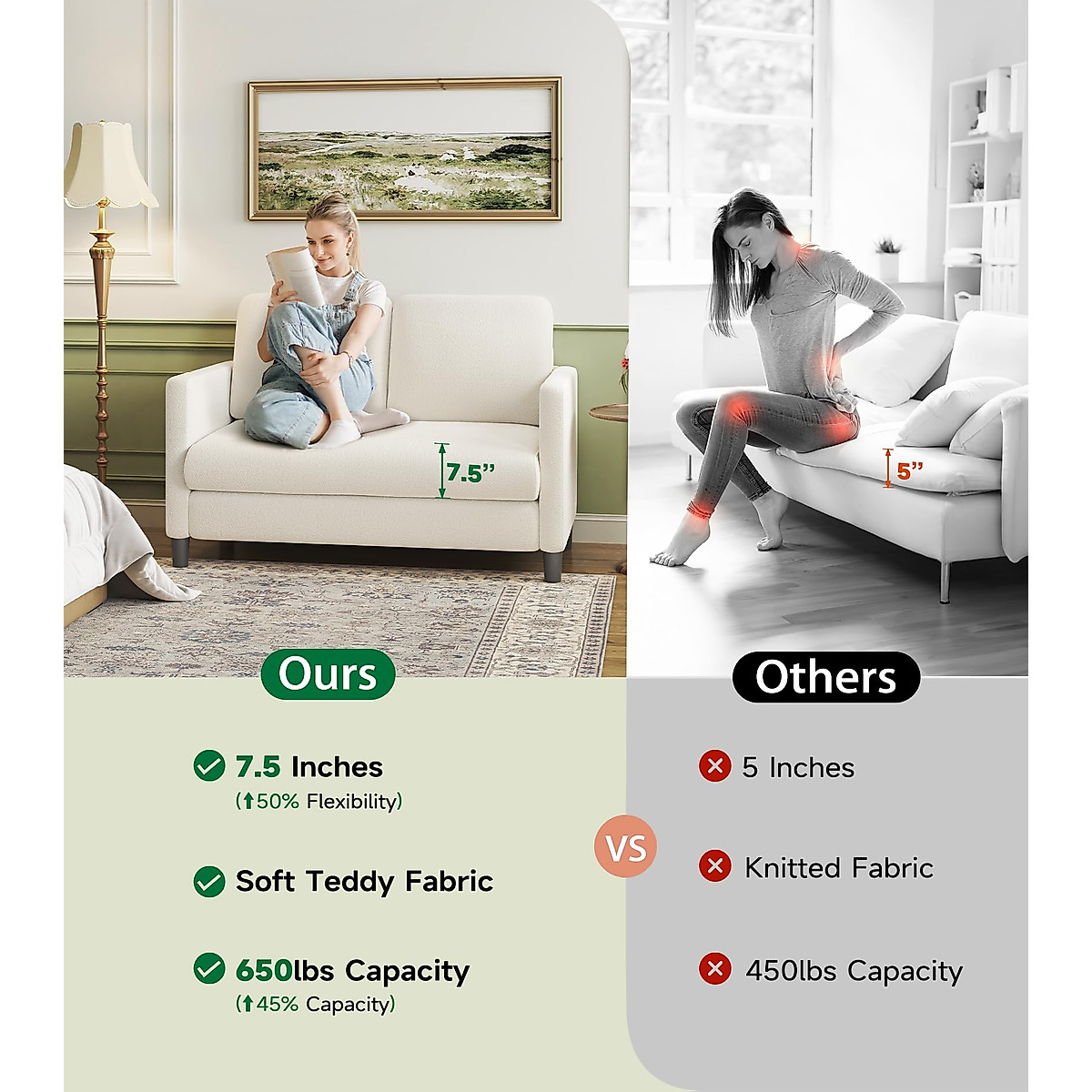 Welzona 51" Sofas for Living Room, Comfy Loveseat Sofa, Teddy Fleece Love Seat Couch, Tool-Free Setup Couches for Living Room, All-Wood Sofa Couch, Small Couch No Pillow, Beige