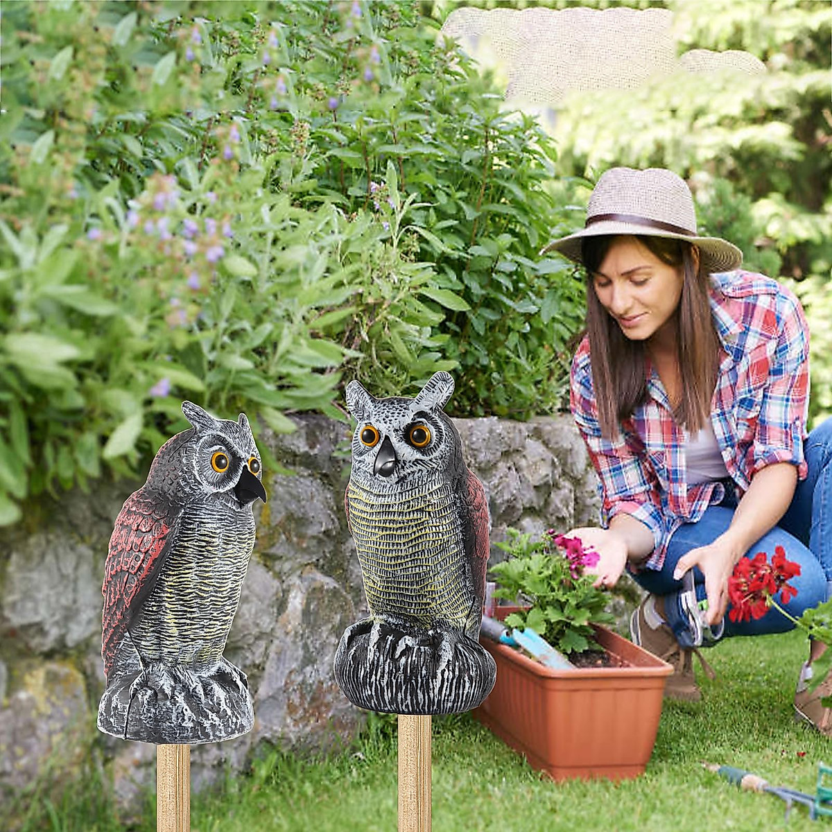 Hedoc 2 Pack Fake Owl Decoys to Scare Birds Away from Gardens and Rooftop, Long-Eared Owl Bird Deterrents, Nature Scarecrow Plastic Owls Pest Repellent, Owl Statue for Garden Decor, Yard Decoration