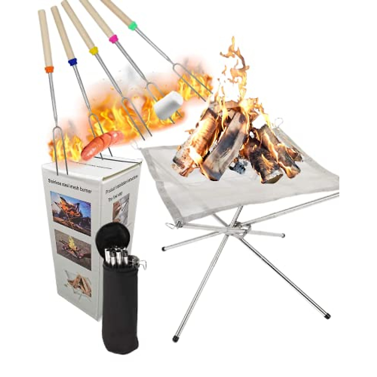 NACETURE 22 Inch Portable Outdoor Fire Pit - Portable Fire Pit Collapsing Stainless Steel Mesh Fireplace Foldable - Camping Gear for Patio, Backyard and Garden add 5 Pack Roasting Sticks