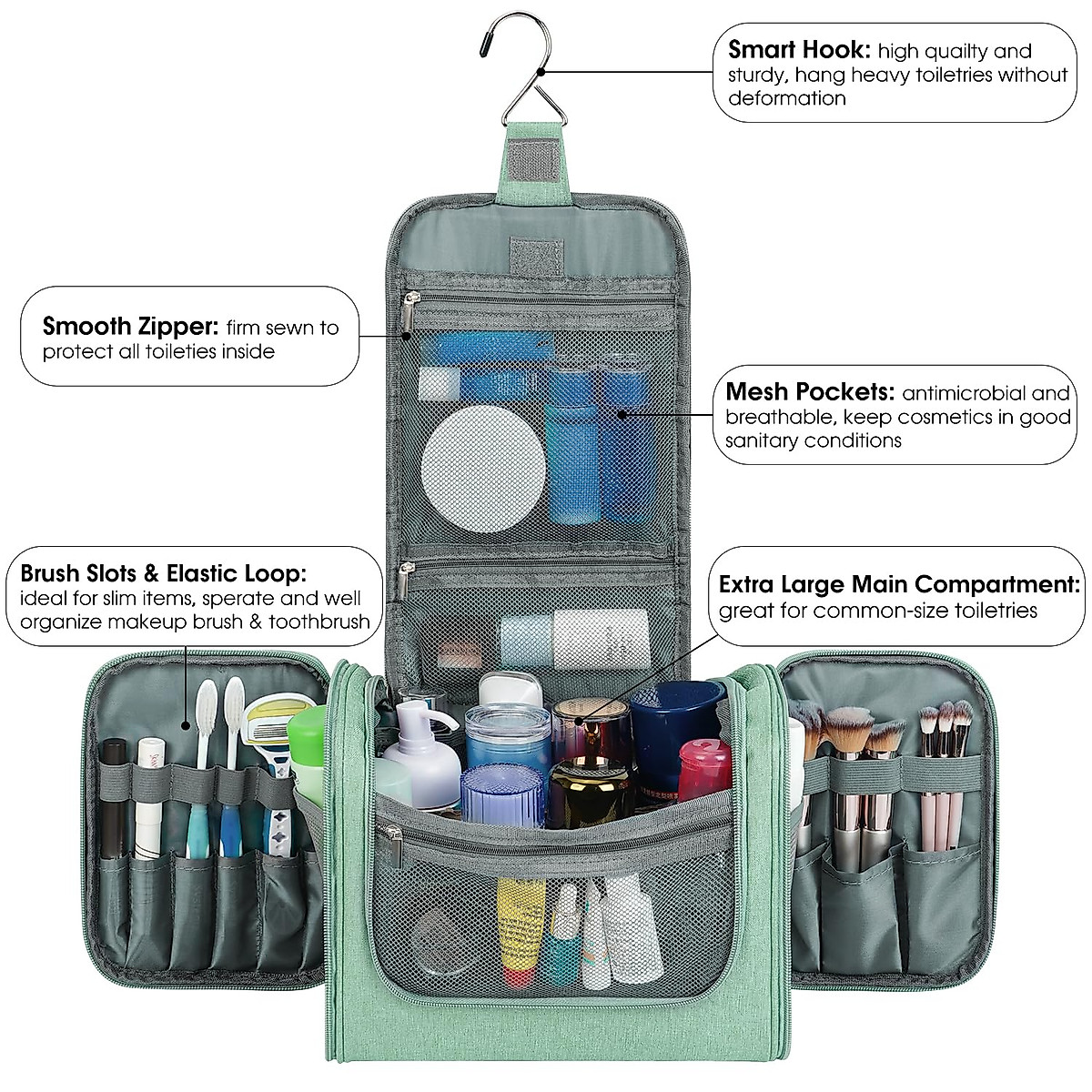 WANDF Large Hanging Toiletry Bag Travel Cosmetic Makeup Organizer Water-Resistant Shower Bathroom Bag for Women and Men (Green)