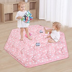 Hexagon Mat Princess Tent Rug, Plush Soft Playpen Mat Fitted for Monobeach Princess Castle, Non Slip Pink Star Nursery Rug for Baby Girl Room Decor, 55" L x 47" W