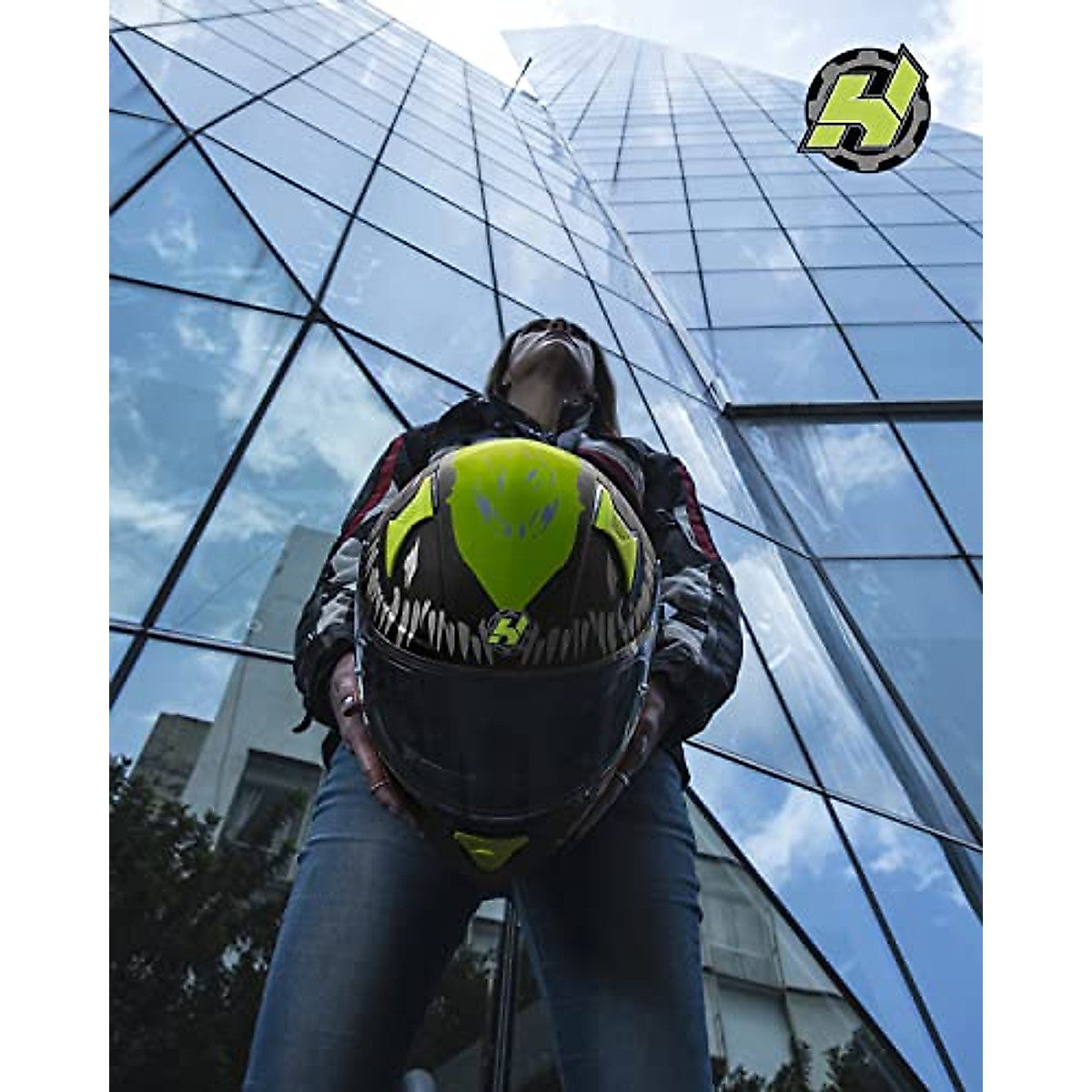 HAX Full Face Motorcycle DOT Approved Helmet with Dual Rear Wing and Pinlock Ready - Lightweight and Durable Motorbike Street Bike Helmet for Adults (Impulse Devour Yellow,S)