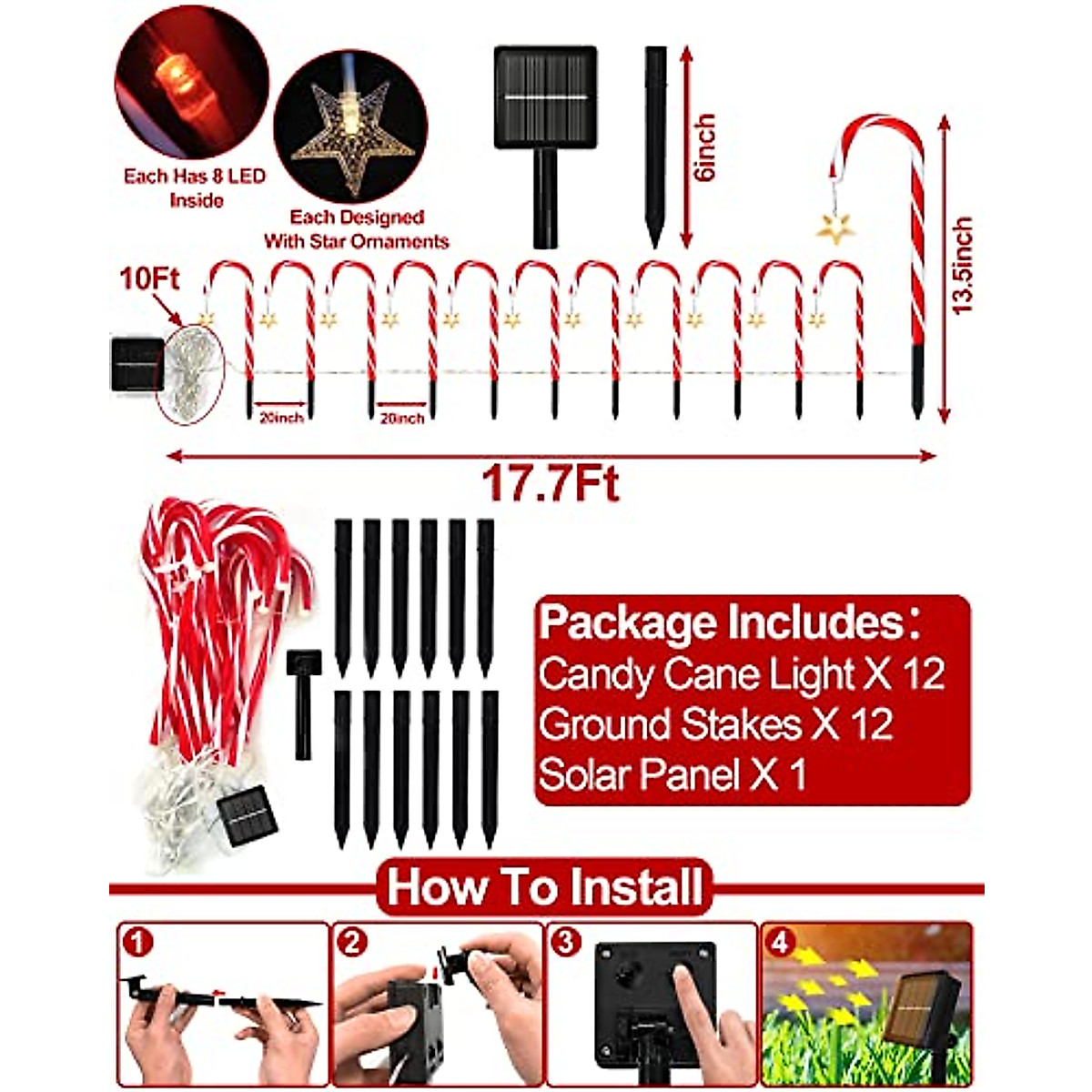[ Solar & Timer ] 12 Pack Christmas Candy Cane Pathway Lights Markers, Total 96 LED Waterproof Christmas Decorations Outdoor 13.5 Inch Christmas Stakes Light up Candy Cane Walkway Outside Garden Yard