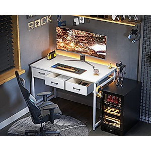 ODK 40 Inch Small Computer Desk with 3 Cloth Drawers for Home Office, Vanity Desk with Storage and Hook for Bedroom, Work Desk, Study Writing Table, White