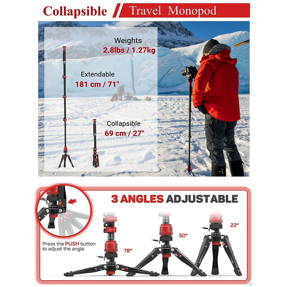 IFOOTAGE Cobra 3 Monopod C180F-P with K5S Fluid Head, Professional Portable Travel Monopod Kit for Canon Nikon Sony Olympus Panasonic DSLR Camera